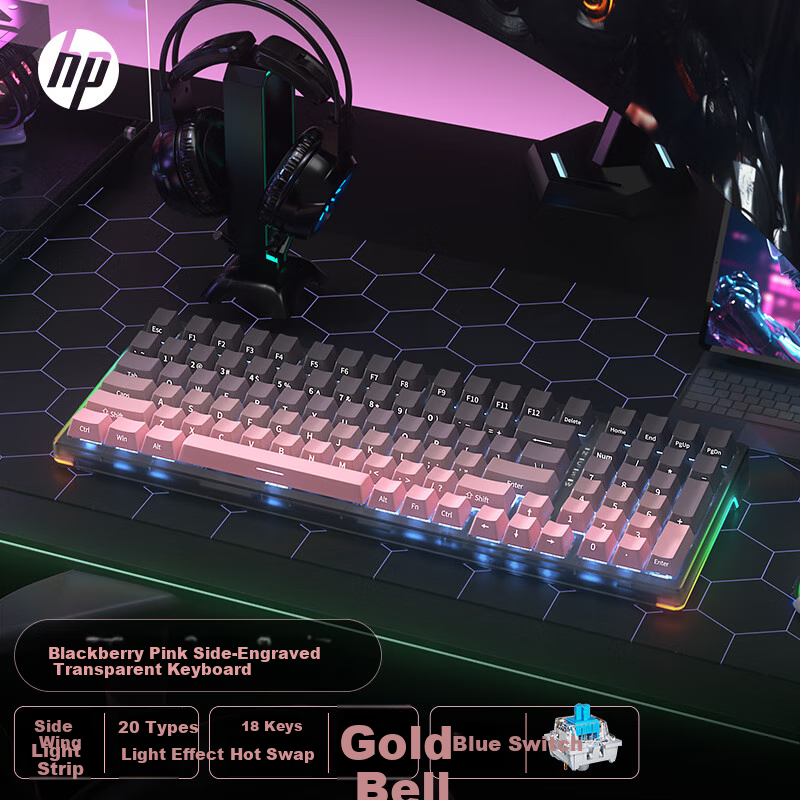 HP GK600FS Mechanical Keyboard Hot Swap Office E-sports Gaming Wired Desktop Laptop Side Engraved Gradient Blackberry Pink Ice Blue Light Cyan Axis 99 Keys