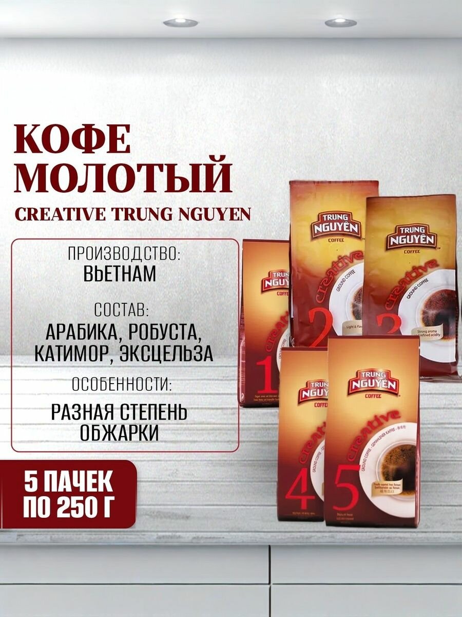 Вся серия вьетнамского молотого кофе Creative Trung Nguyen, 5 пачек по 250 г