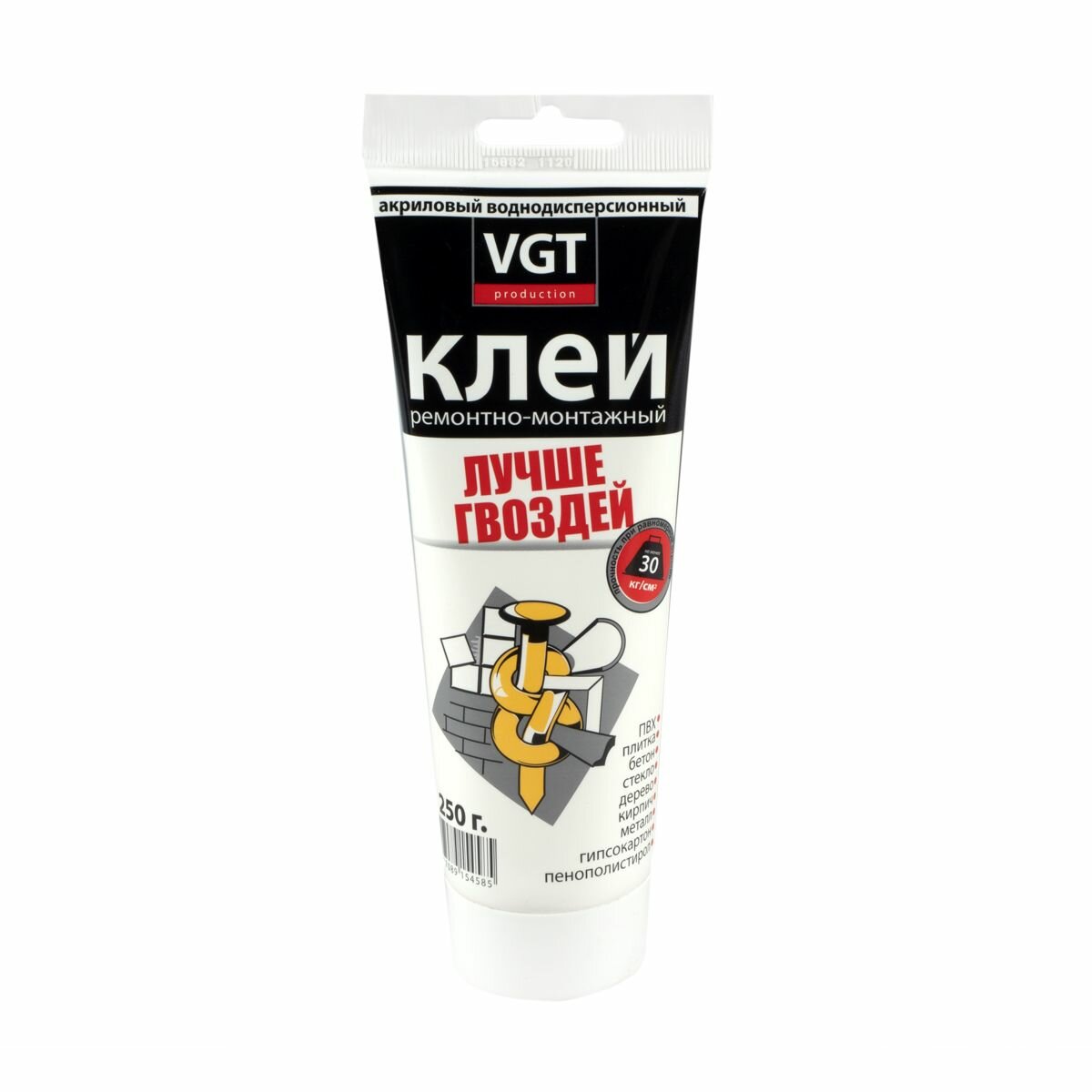 Клей акриловый VGT ремонтно-монтажный, прозрачный, тюбик, 0.25 кг