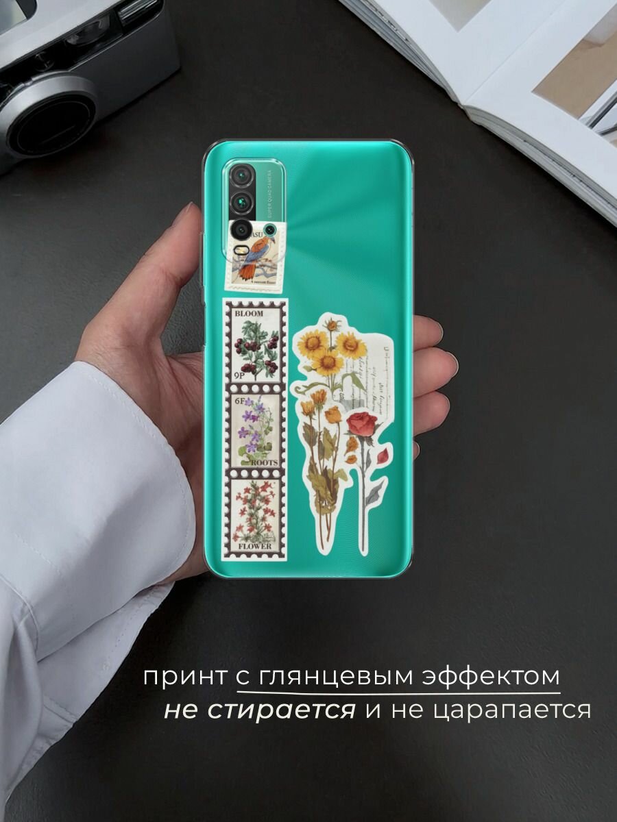 Чехол на Xiaomi Redmi 9T / Сяоми Редми 9Т с принтом Марки с цветами — фото 1