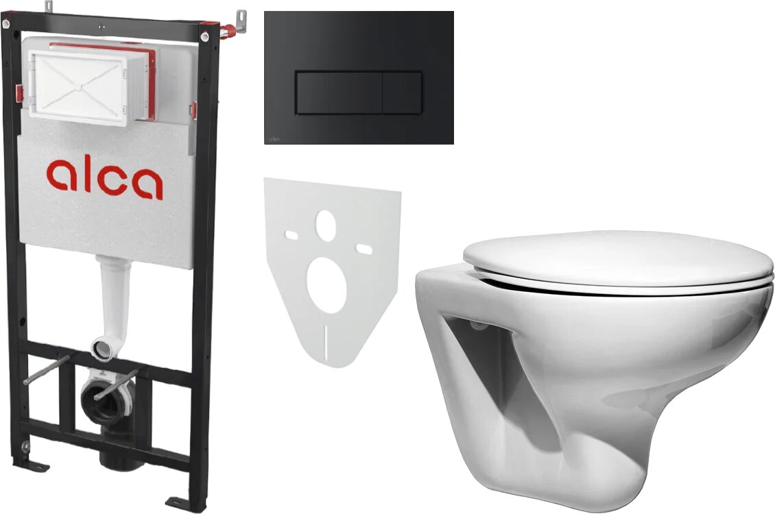 Комплект 3 в 1 Унитаз подвесной Roca Mateo 346200000 / Сиденье ZRU9302822 с микролифтом, петли хром / Инсталляция с кнопкой AlcaPlast AM101/1120-4:1 RU M578-0001 цвет черный