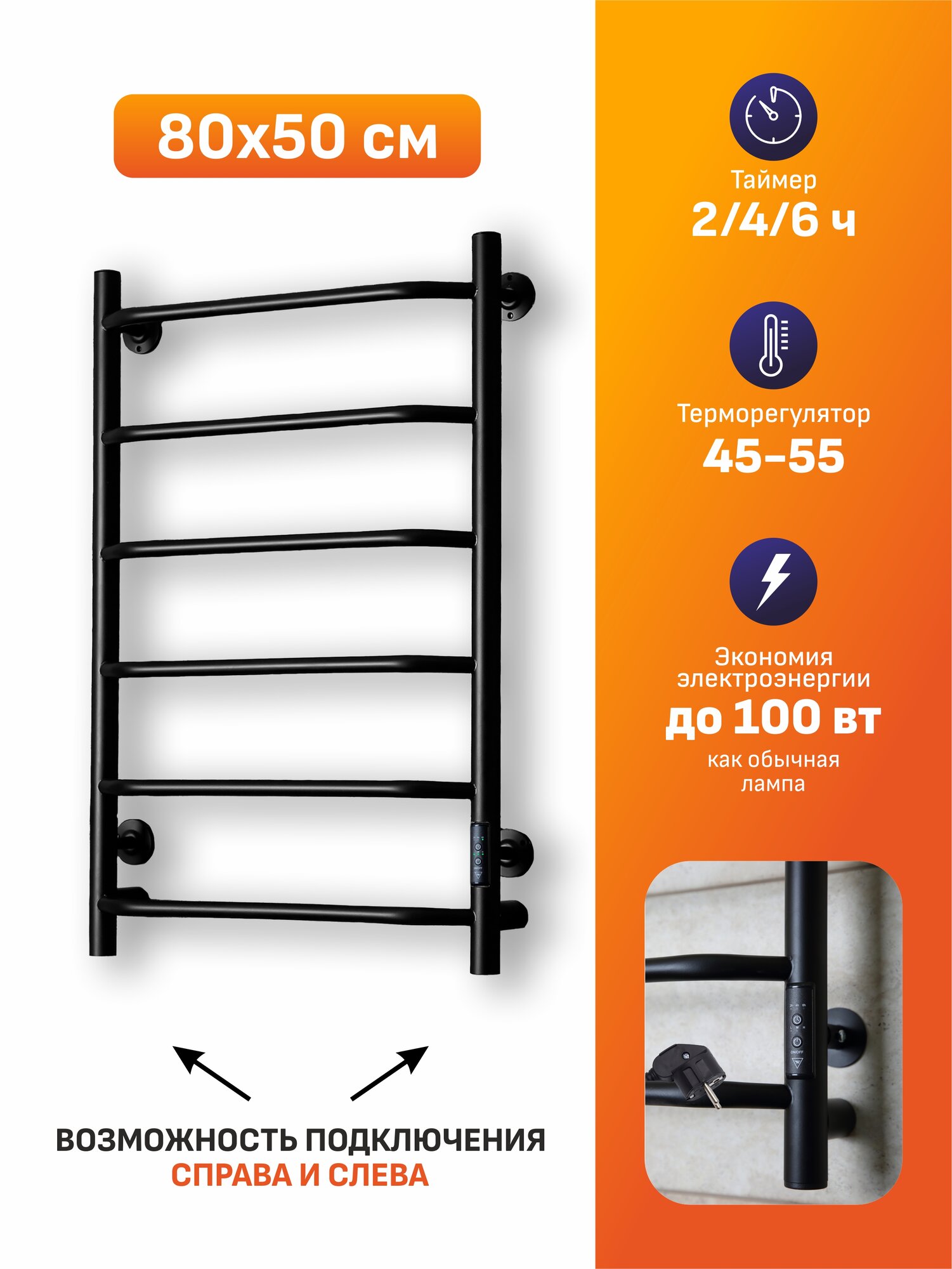 Полотенцесушитель Тругор ПЭК СП 5, электрический, 80x50 см, черный