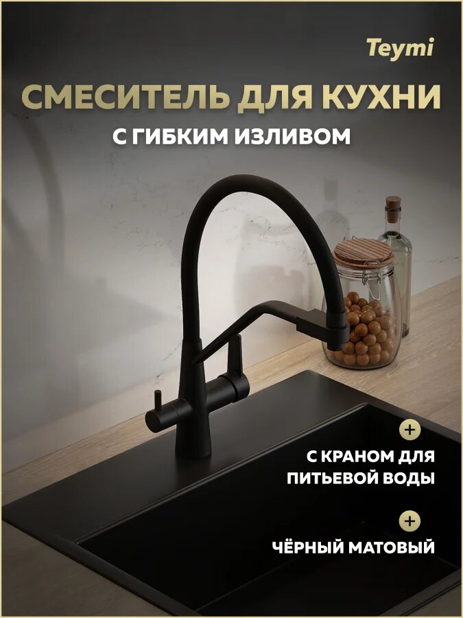 Смеситель для кухни Teymi Solli T10270 с гибким изливом, с краном для питьевой воды, с поворотным изливом, черный, матовый, однорычажный, с керамическим картриджем