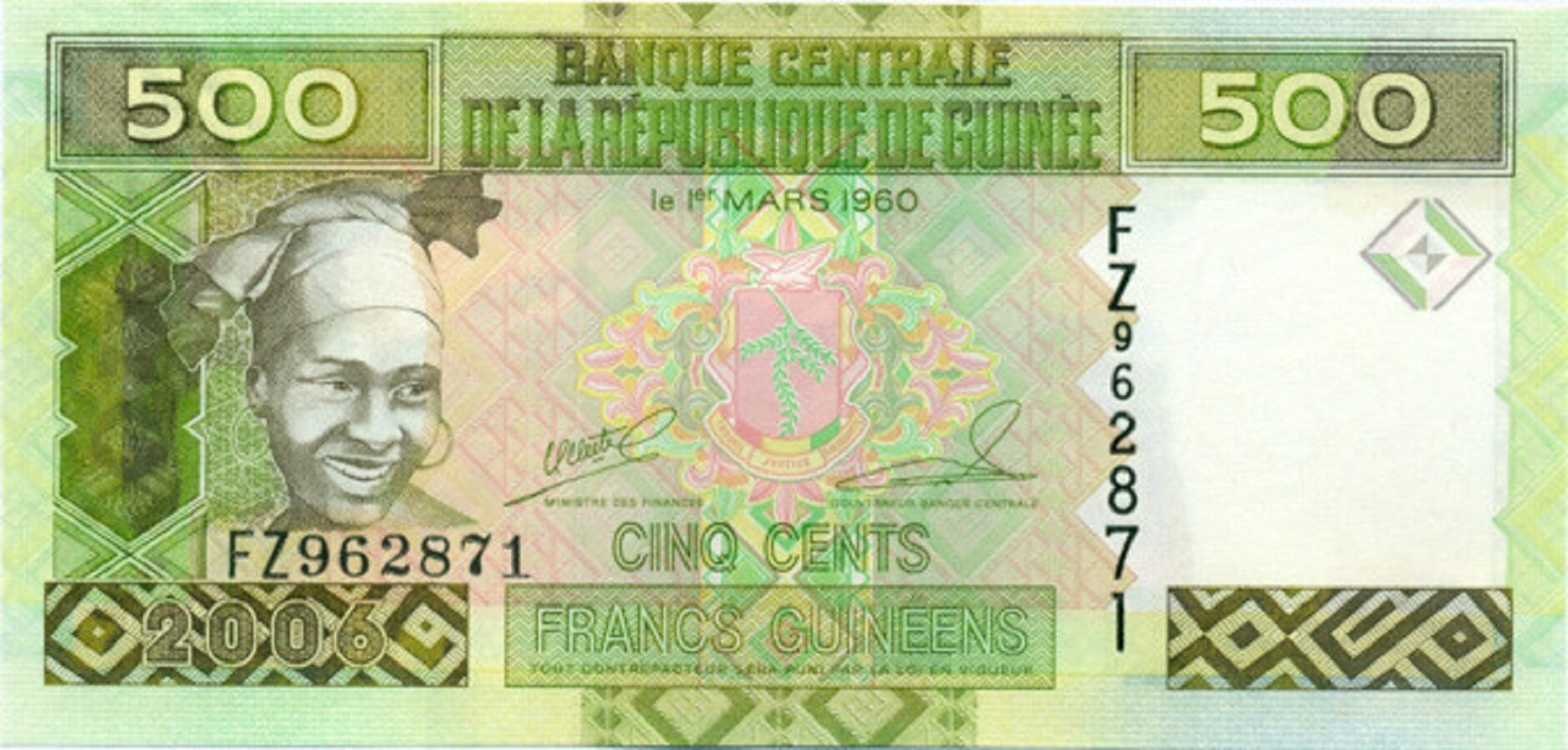 Банкнота номиналом 500 франков Гвинеи 2006-2012 года. Состояние UNC Р-39 (34360)