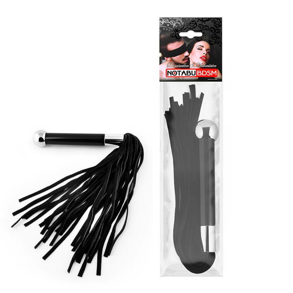 Черная многохвостая плетка с круглой ручкой с шариком на конце, 39 см.