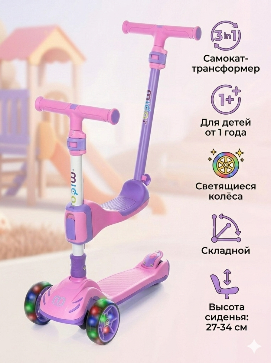 Детский трёхколёсный самокат 3 в 1 Scooter Micar Transformer складной, с сиденьем, родительской ручкой и светящимися колёсами Розовый