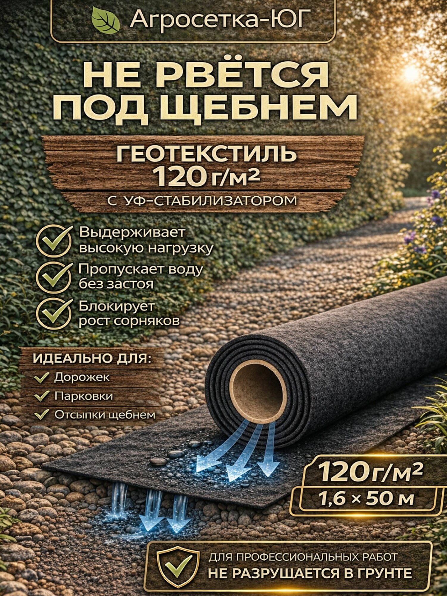 Геотекстиль 120 г/м. кв. для строительных, ландшафтных, садовых работ Агросетка-Юг, 1,6 x 50, черный