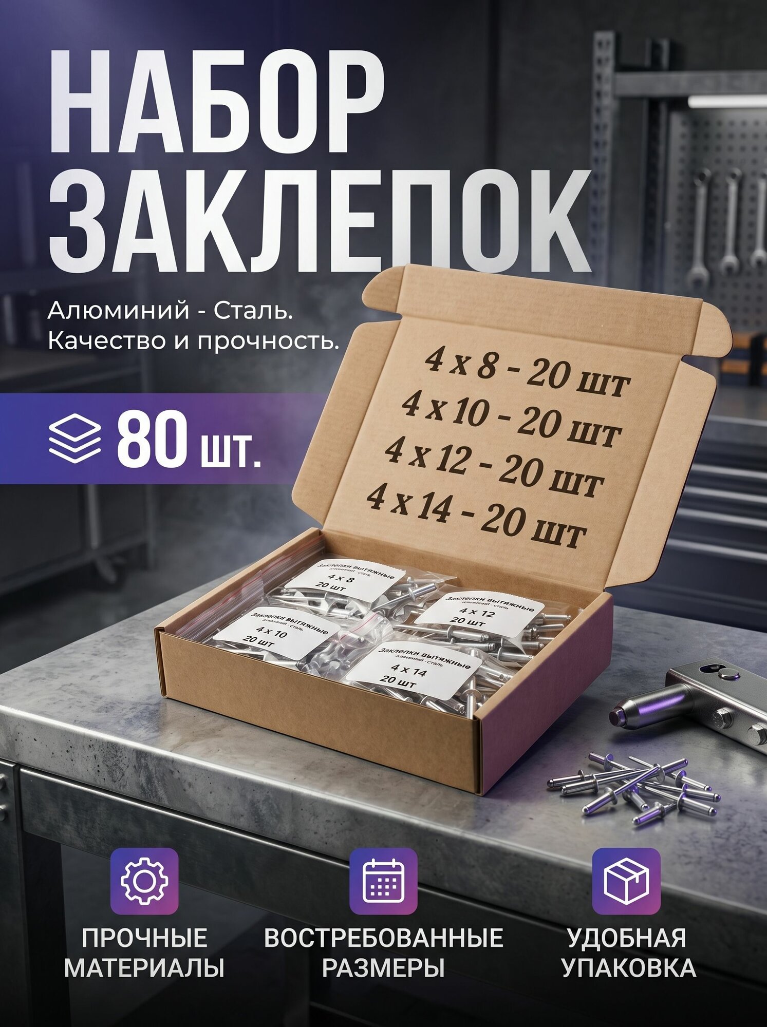 Набор вытяжных заклепок для заклепочника 4х8, 4х10, 4х12, 4х14 (80)