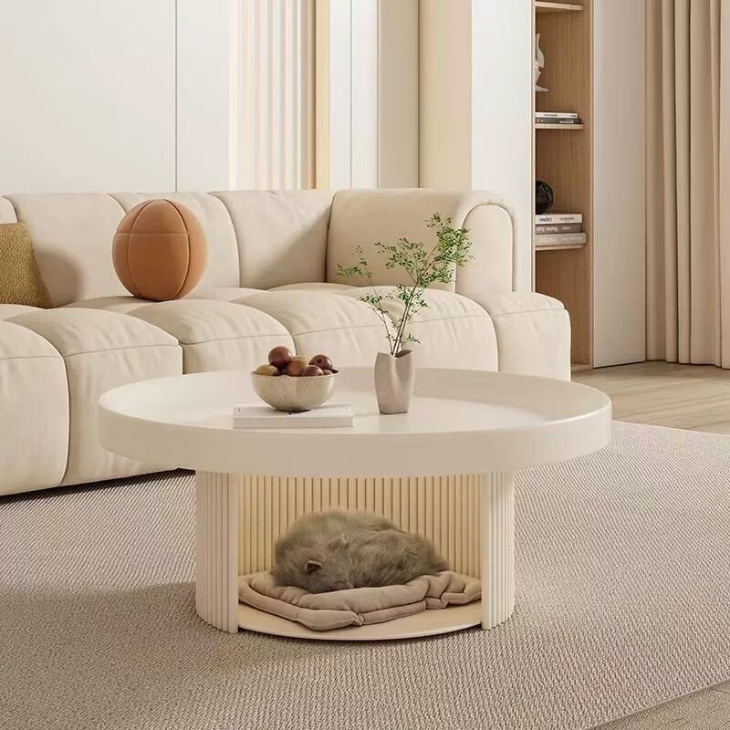 Круглый кофейный стол 75×40 см с домиком для кошек, кремовый, современный, для гостиной