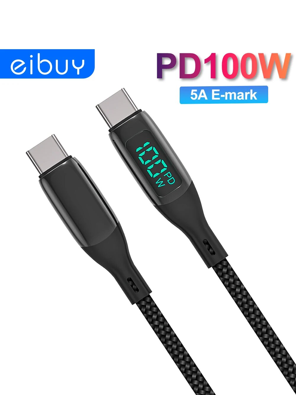 Кабель USB-C на USB-C 100W для быстрой зарядки, Type-C PD100W 5A E-Mark с LED-дисплеем для MacBook Pro, iPad, Samsung, iPhone 16, 15
