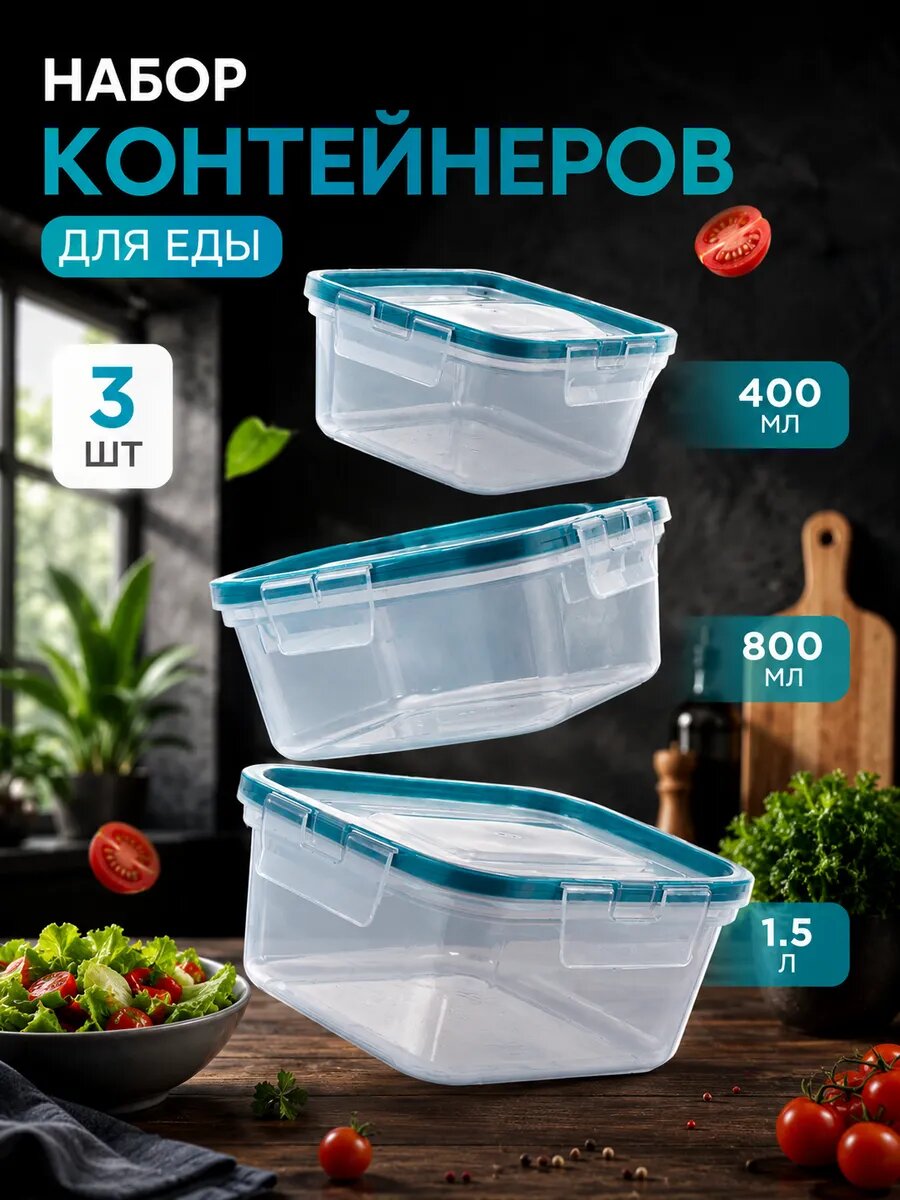 Набор пищевых контейнеров для хранения еды, 3 шт: 400 мл, 800 мл, 1,5 л, пластик