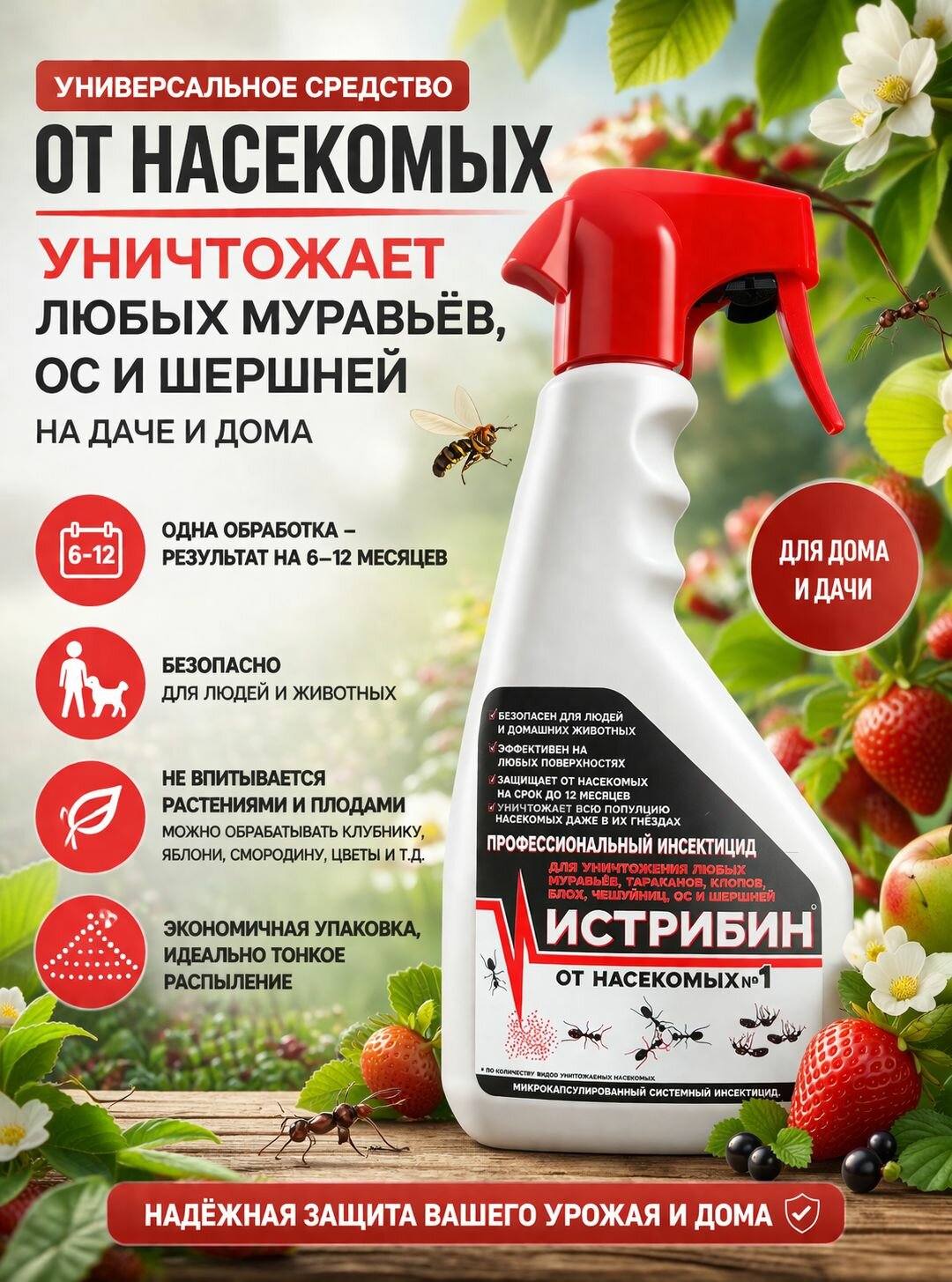 Средство от муравьев Истрибин, микрокапсулированное, триггер-спрей, 400мл. От муравьев на даче, огороде, в теплице.