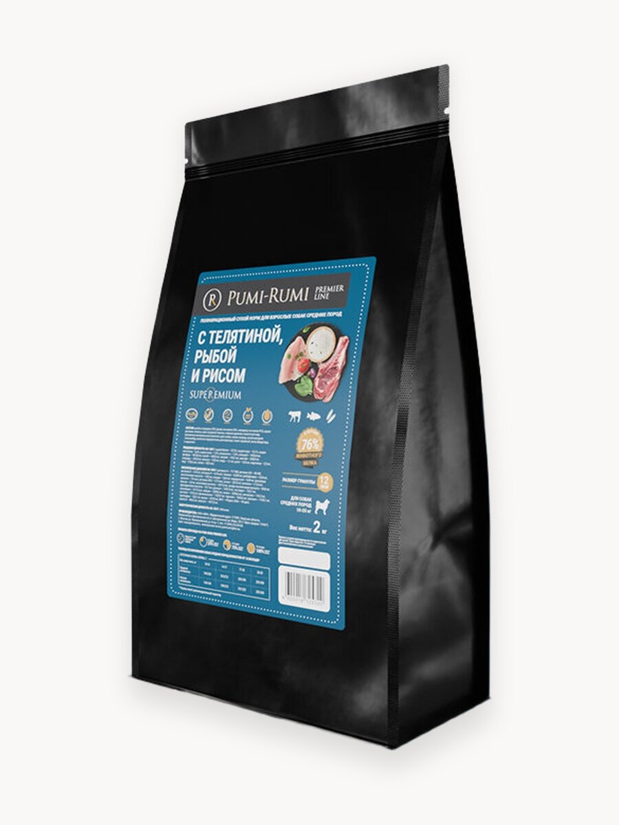 Сухой корм PUMI-RUMI PREMIER LINE для собак средних пород с говядиной, рыбой и рисом 2кг, суперпремиум, гранула 12 мм.