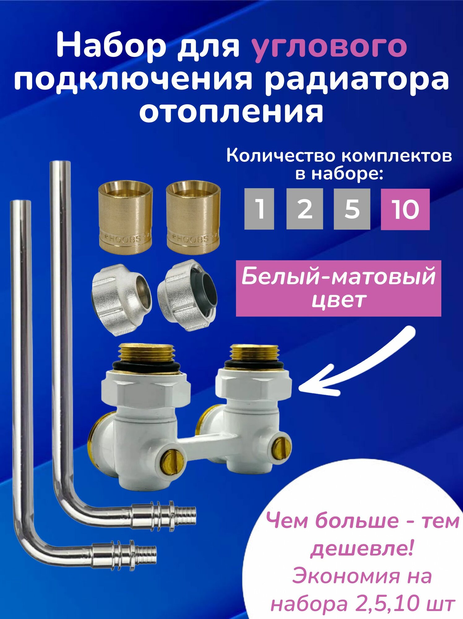Комплект подключения угловой к радиатору белый: Г-образная трубка 16x250 мм для труб из сшитого полиэтилена с толщиной 2.2мм. 10 наборов