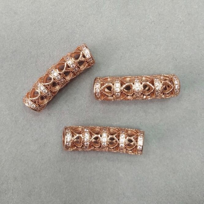 Бусина металлическая 26х8.5х7.5мм, Milano, Трубочка с резными сердечками, с фианитами, базовый материал - латунь, под розовое золото, 1 шт.