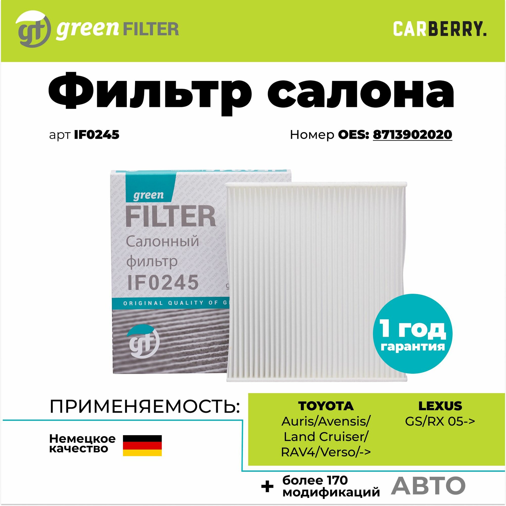 Салонный фильтр Green Filter IF0245 для TOYOTA Auris, Avensis, Land Cruiser, RAV 4, Verso и LEXUS GS, RX