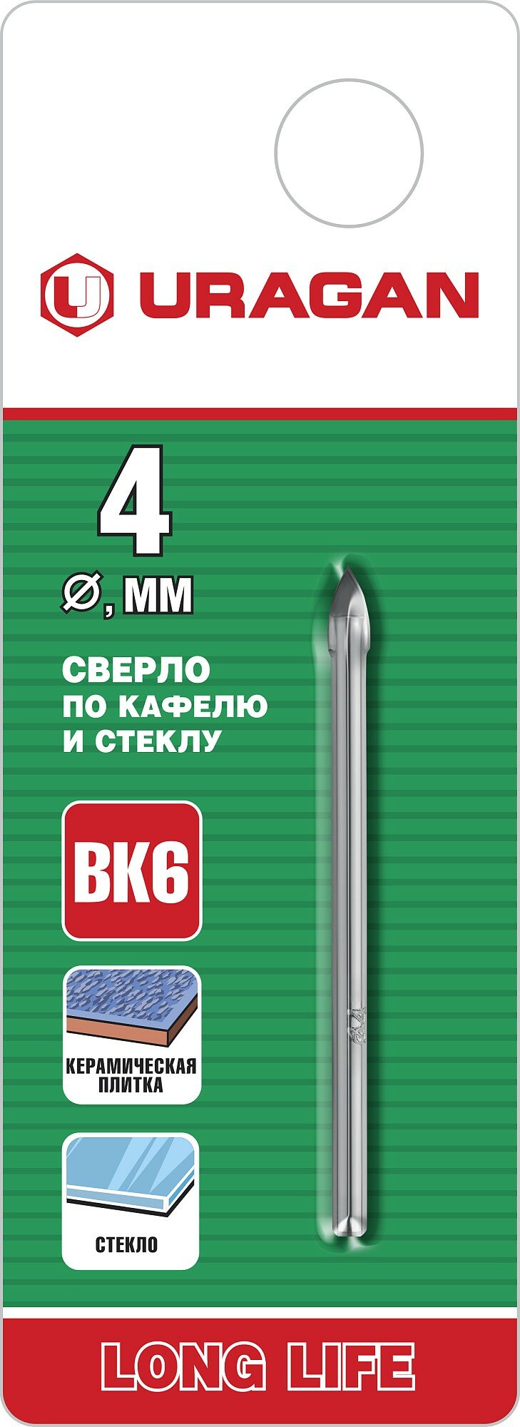 Сверло по стеклу и кафелю URAGAN, 4 мм, 2х кромка, цилиндр хвостовик 29830-04