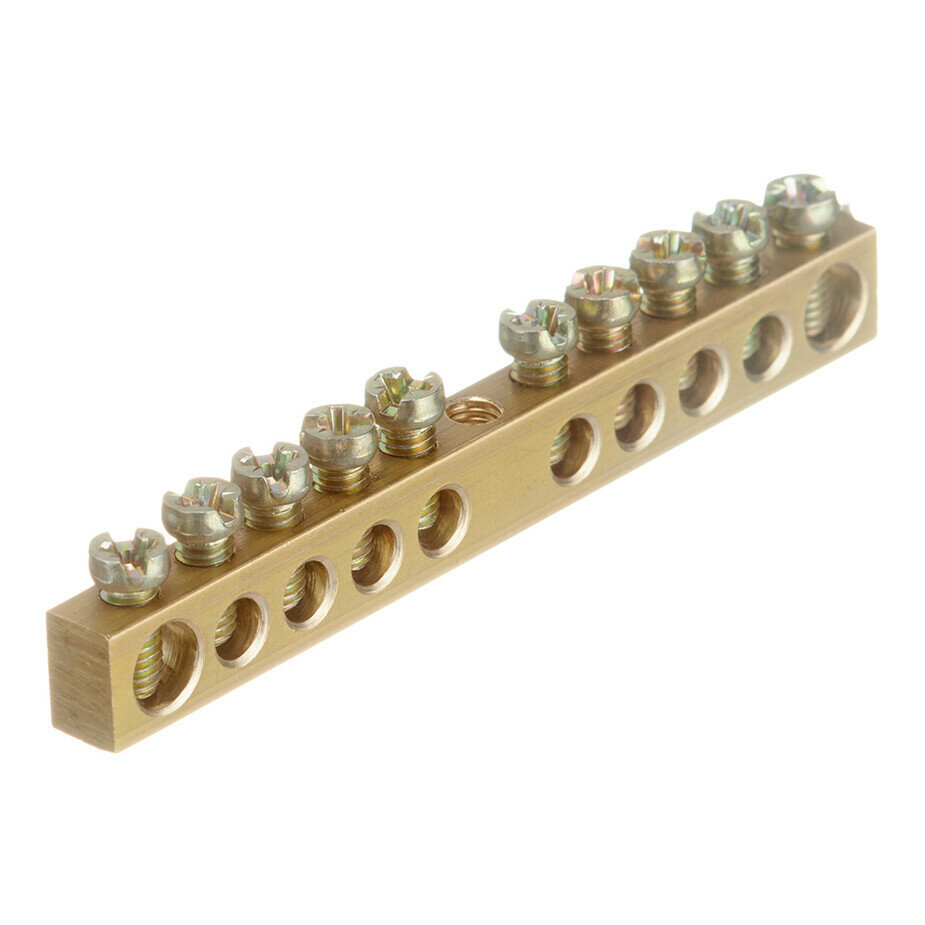 Шина нулевая без изолятора 6х9 мм 10 отверстий крепеж по центру