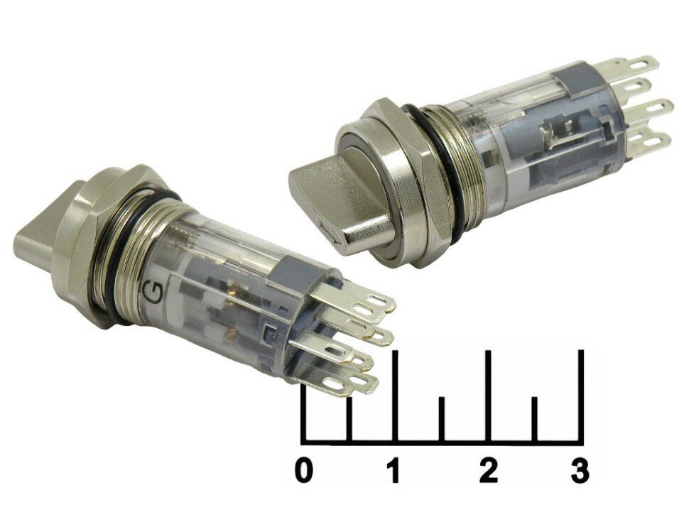 Выключатель LAS2-AGQ-11X/31/G/N 3-х позиционный антивандальный зеленый металл 12V (16мм) 8 контактов