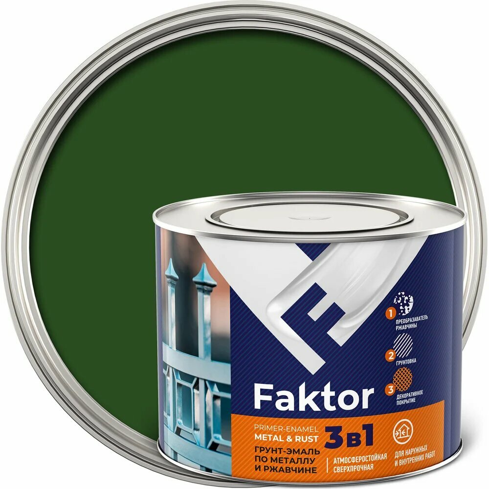 Грунт-эмаль ярославские краски FAKTOR на ржавчину 3 в 1, зеленая, банка 1.9, преобразования ржавчины