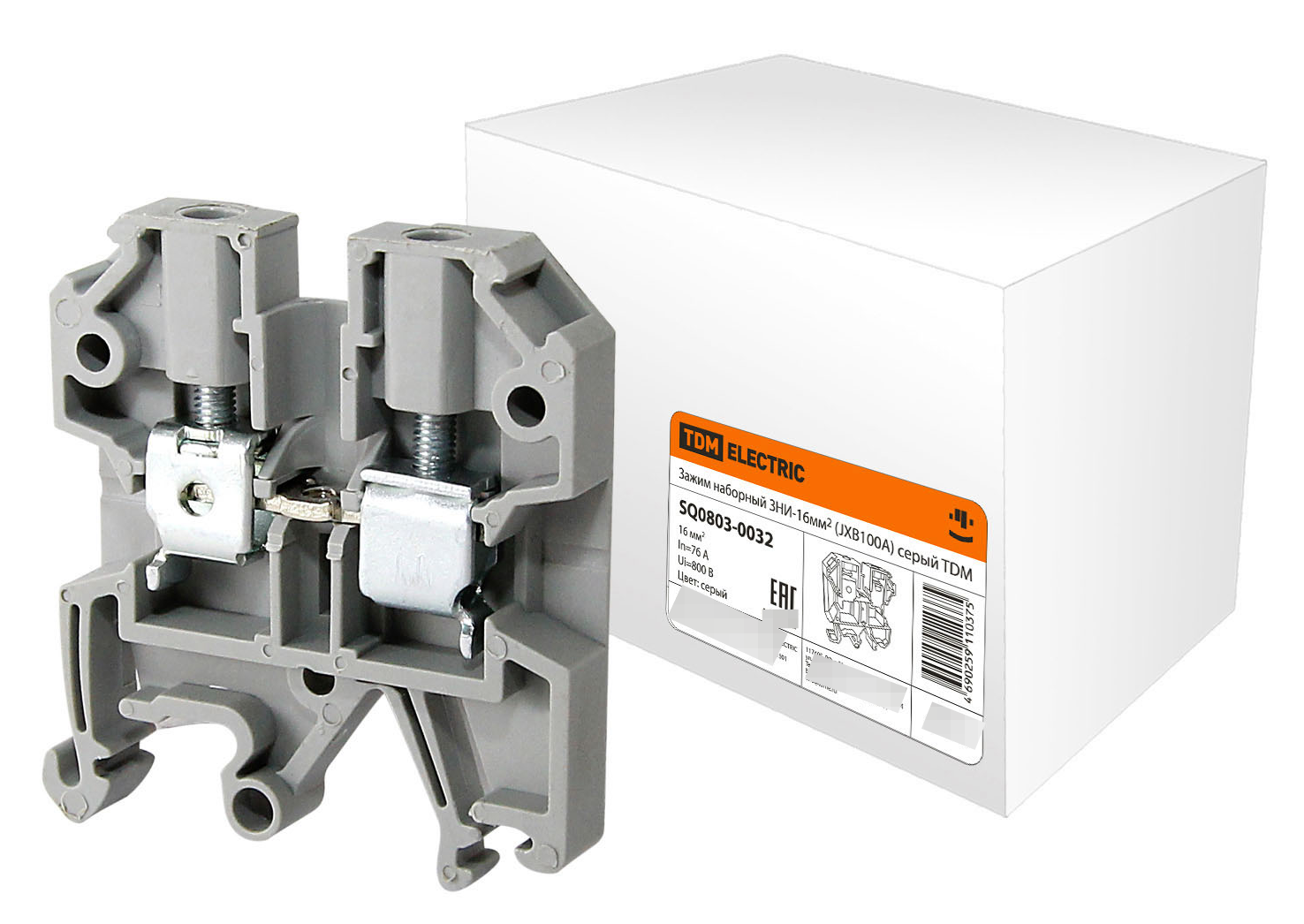 Клемма для проводов TDM Electric / ТДМ Электрик ЗНИ-16мм2 (JXB100А) наборная, термопласт, 100А, 58х12х48мм серая, 16мм², 1шт. / зажим