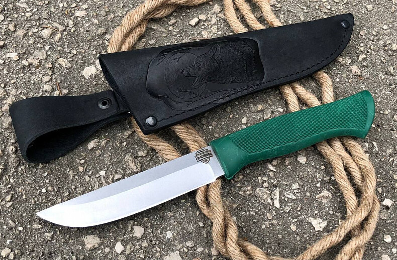 Нож "Глухарь", ООО "ТД СВ-Клинок", Ворсма, ручной работы из стали кованой 95Х18, рукоять зелёный эластрон.