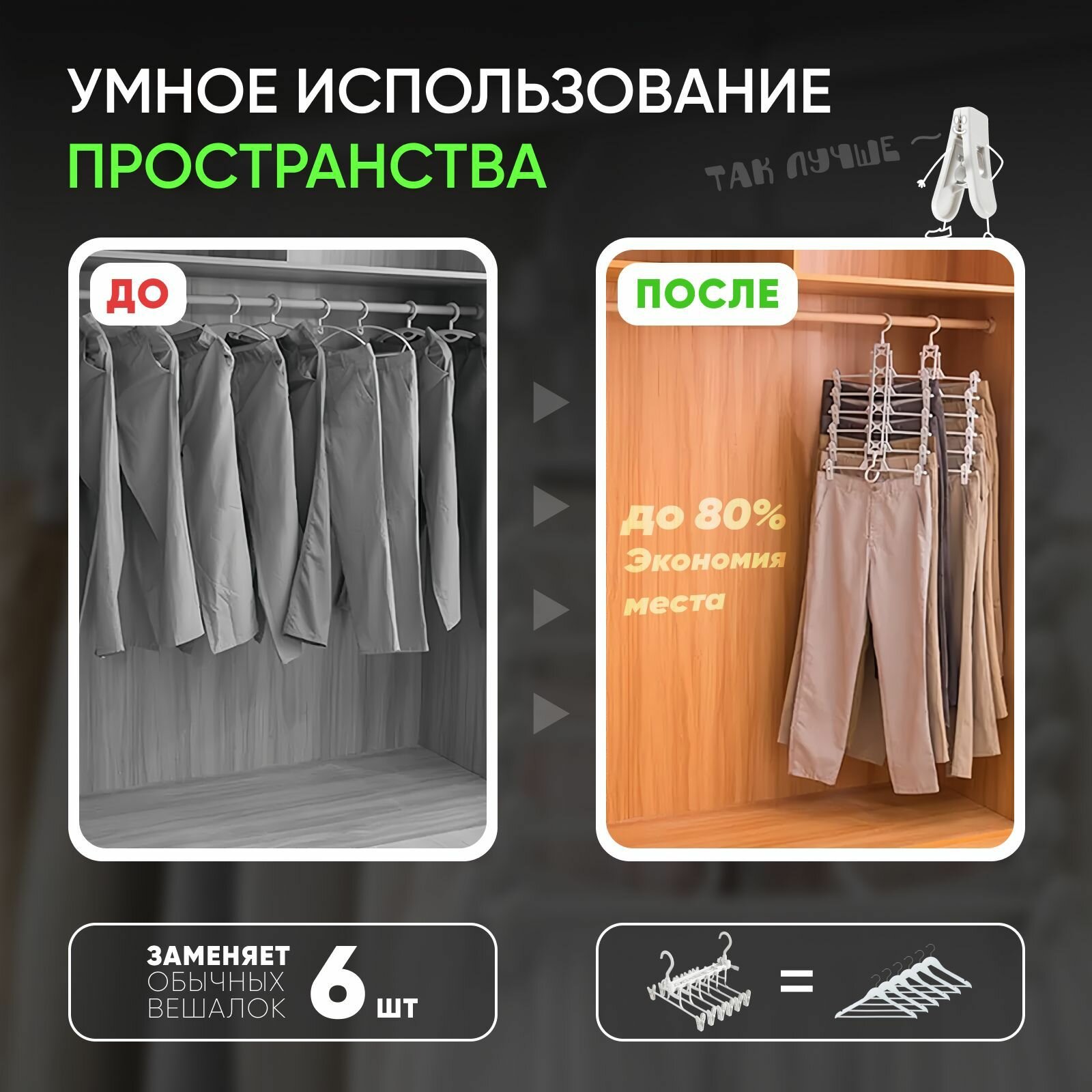 Многофункциональная вешалка для одежды с зажимами 6 в 1, белая / Вешалка - органайзер для хранения в шкафу вещей и аксессуаров / Прищепки для сушки и хранения белья