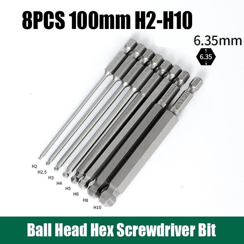 65/100/150/200 мм Стандартный шестигранный набор бит для отвертки Метрическая Магнитная шаровая Головка шестигранный отвертка инструмент 1/4 "6,35 мм шестигранный хвостовик 8PCS 100mm H2-H10