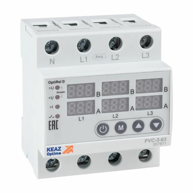 Реле напряжения OptiRel D PVC-3-63 с ЖК-дисплеем и контролем тока 3Ф 63 А КЭАЗ 357871