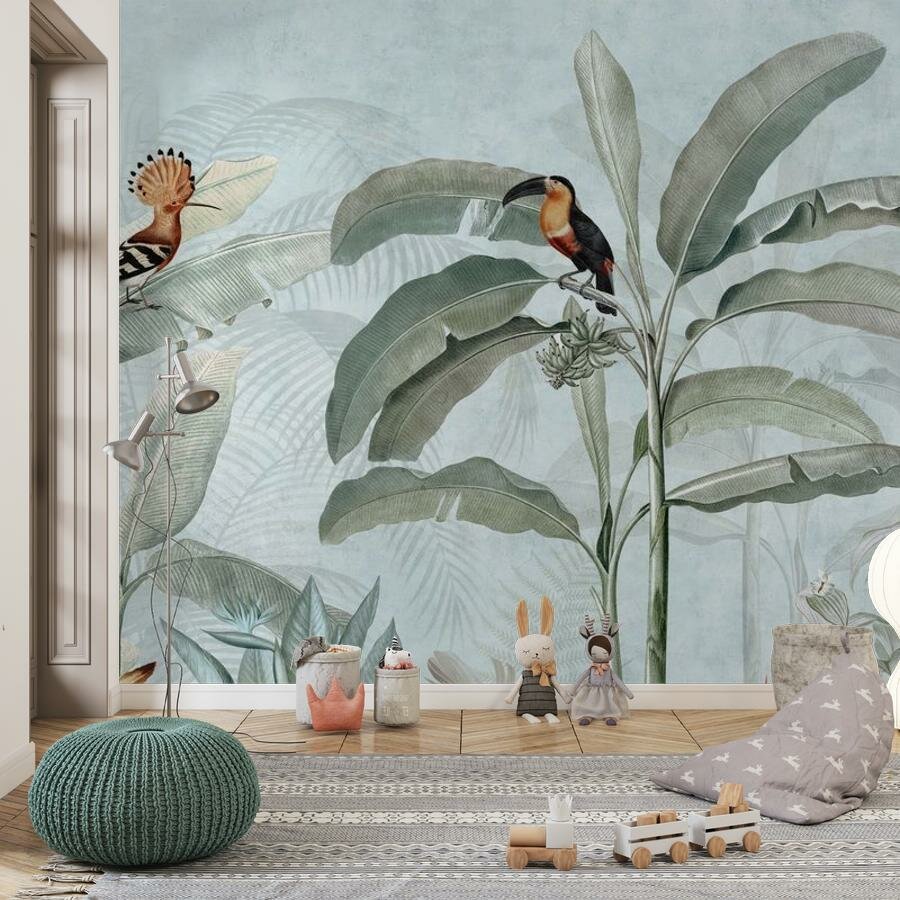 Фотообои Тукан и пальмы 12-1846-S-Холст 270 x 200 см (ВхШ) Бесшовные, флизелиновые, влагостойкие обои