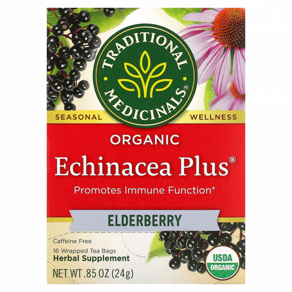 Traditional Medicinals, Organic Echinacea Plus®, бузина, без кофеина, 16 чайных пакетиков, 24 г (0,85 унции)