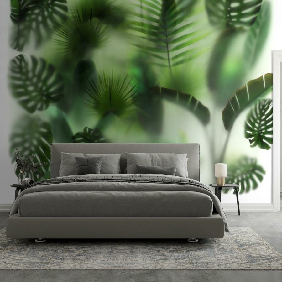 Фотообои Зеленые тропические листья 9-2201-M-Холст 270 x 300 см (ВхШ) Бесшовные, флизелиновые, влагостойкие обои