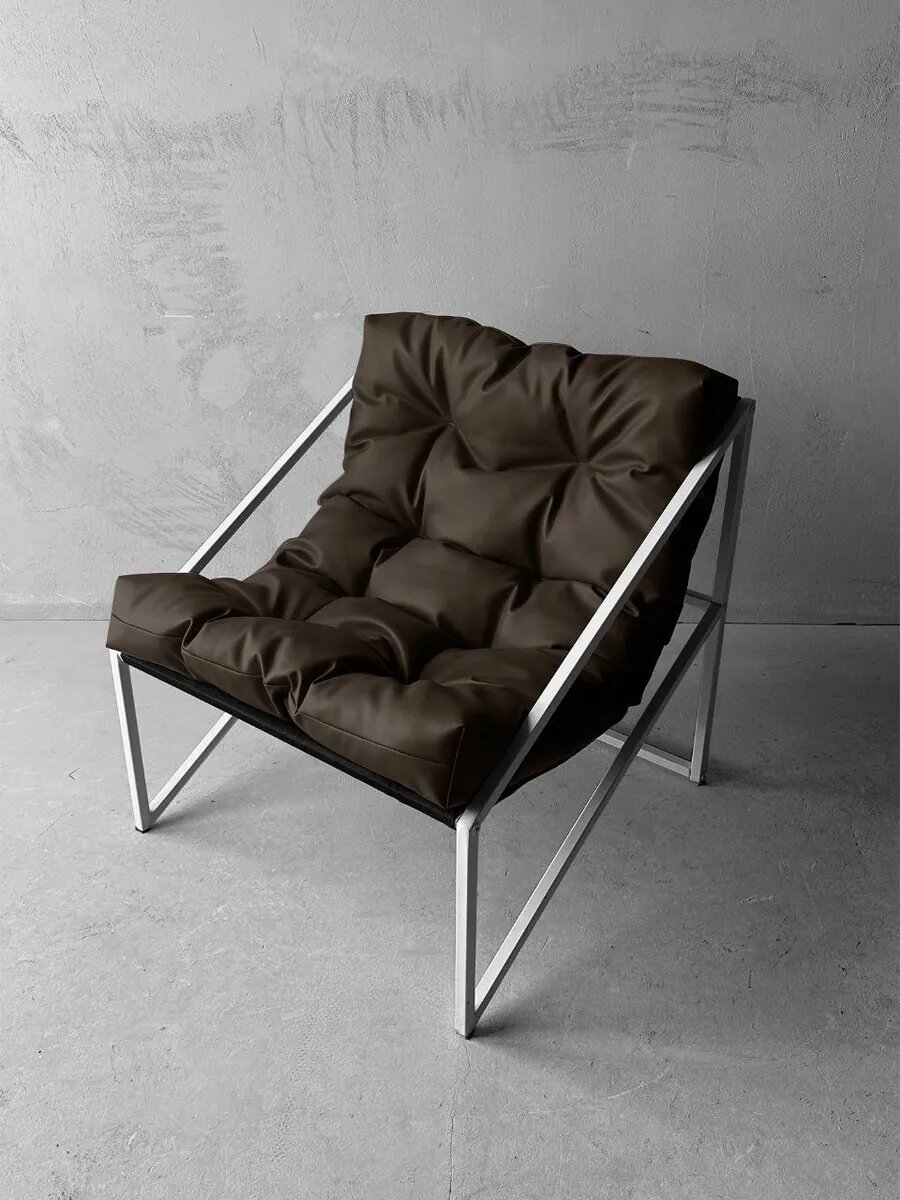 Кресло мягкое удобное для отдыха, уличное, на балкон, на веранду, в стиле лофт, минимализм, Слэш + кожзам коричневый