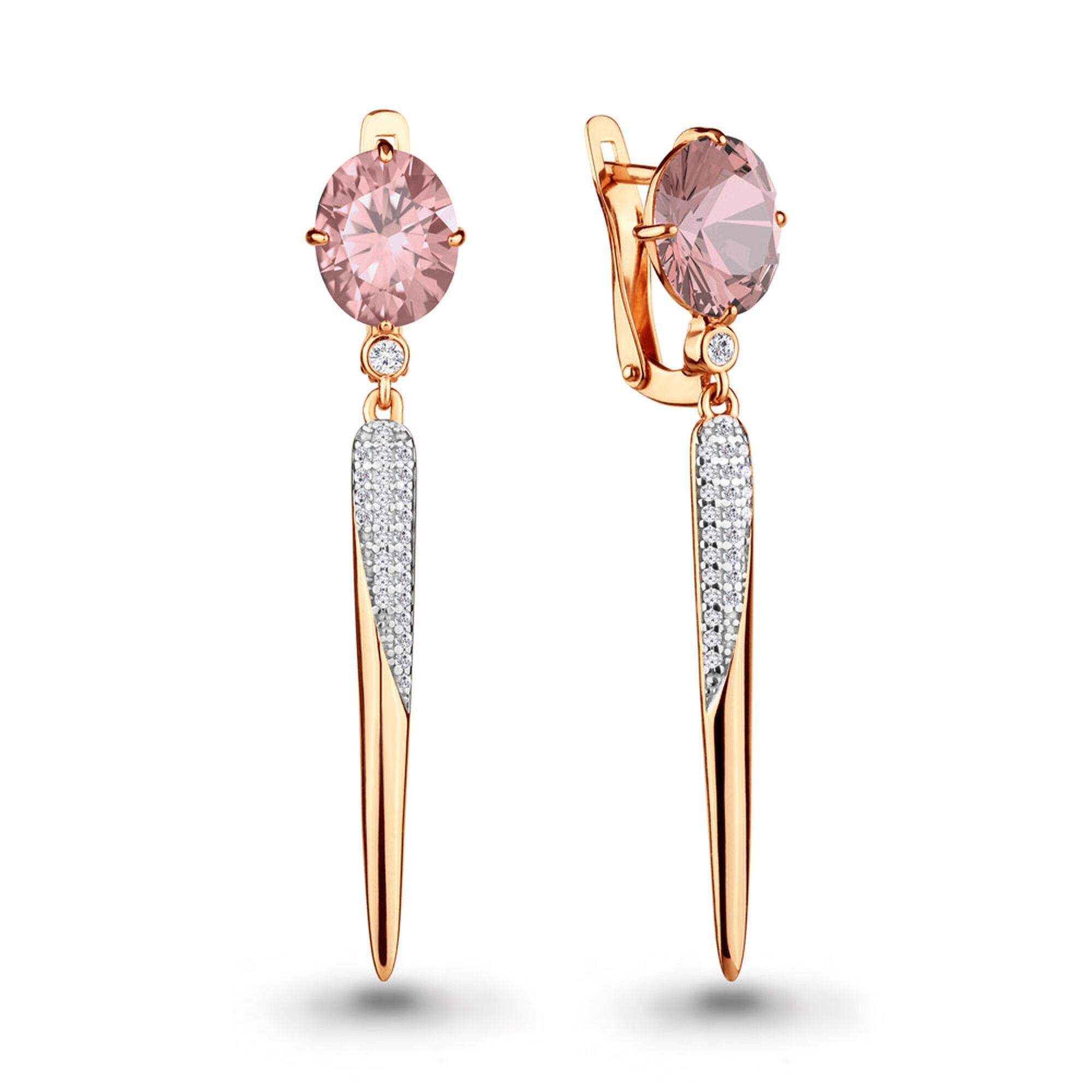 Серьги, серебро, 925 проба, золочение, фианит, морганит