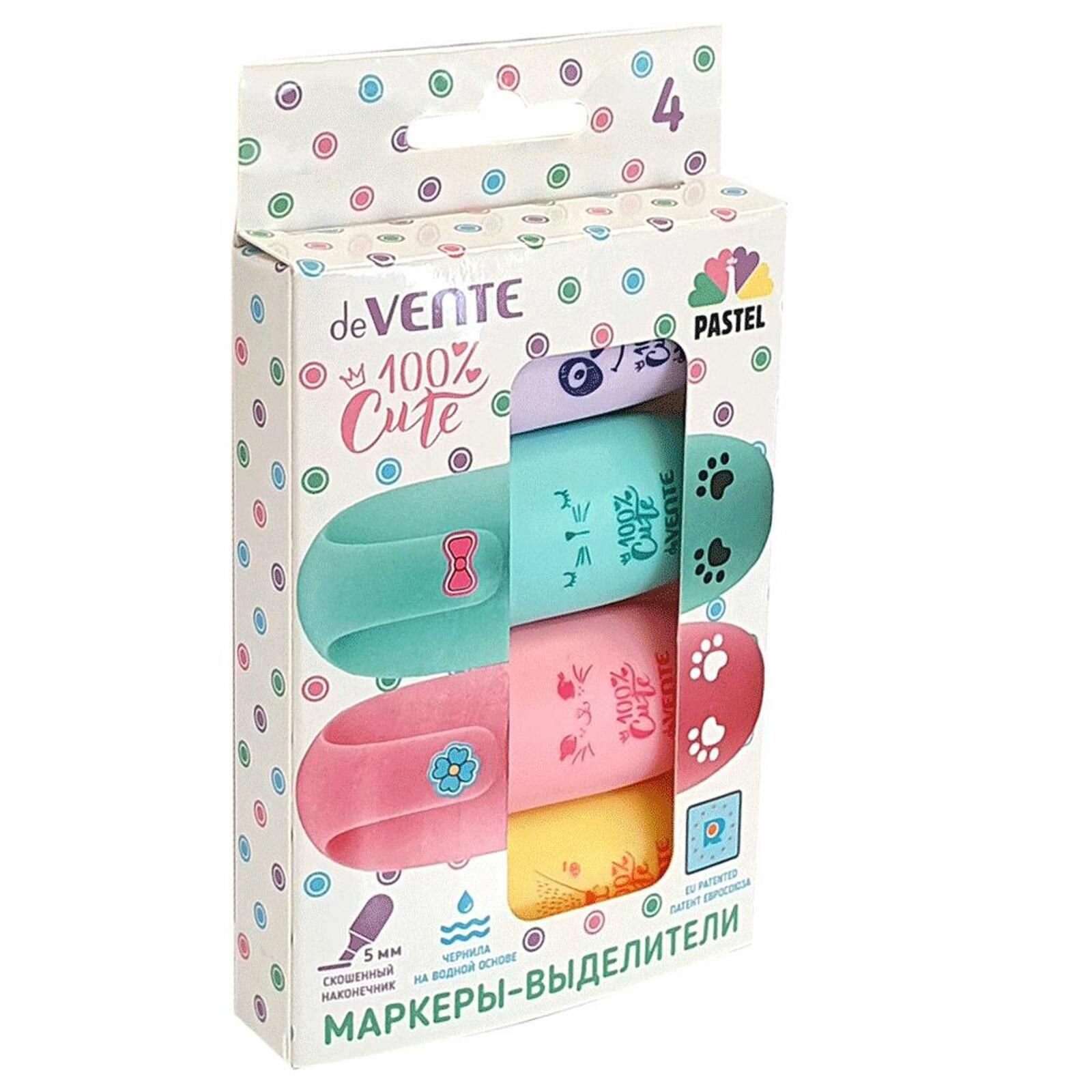 Текстмаркеры deVENTE "100% Cute", 4 пастельных цвета, мини-корпус, пишущий узел 1-5 мм, скошенные (5045008)