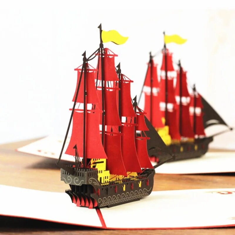 3D открытка с мировыми достопримечательностями parehope Красный, Retro Boat