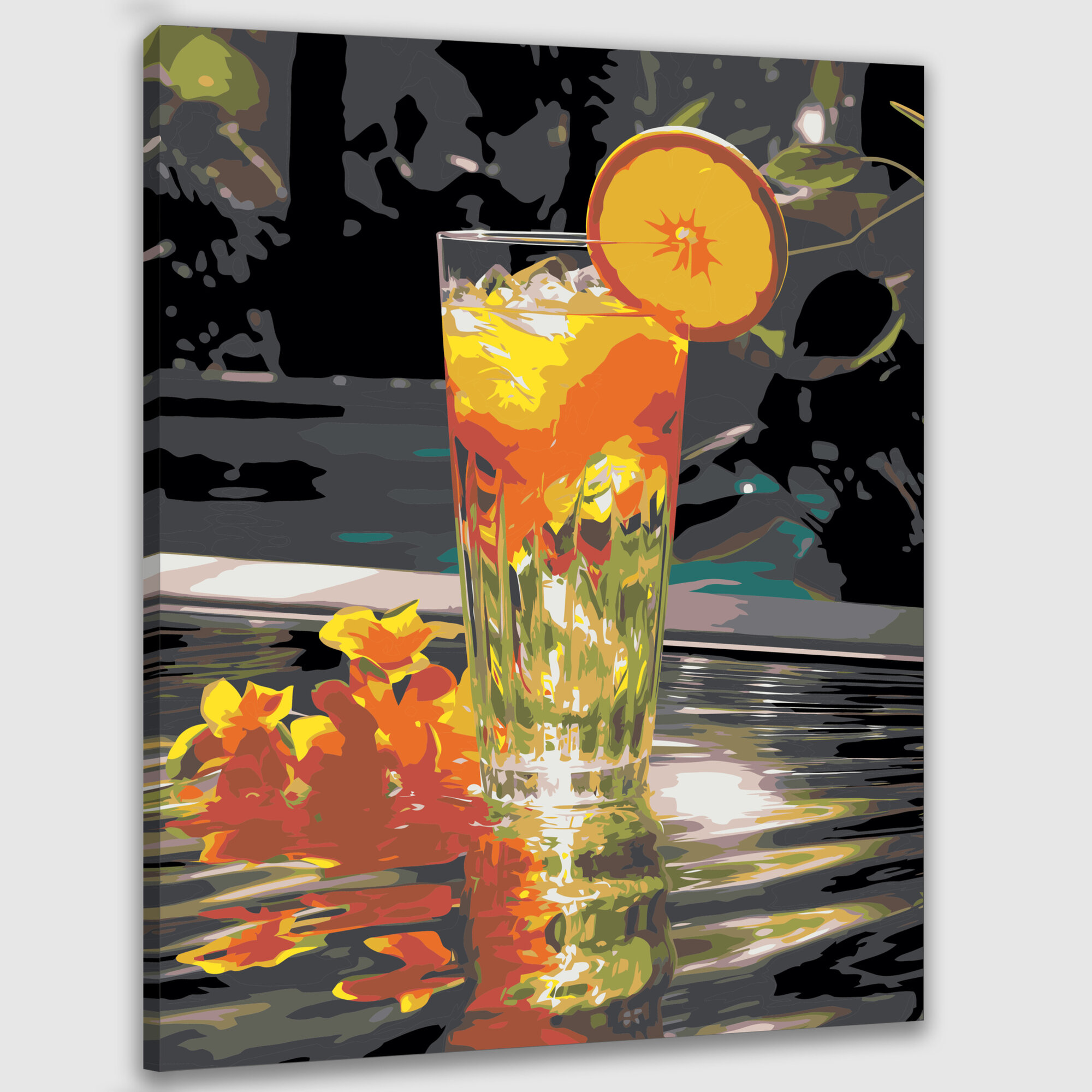 Картина по номерам 40x50 см, тропический коктейль, цитрусовые ломтики, бассейн, тропическая листва, мерцающая вода