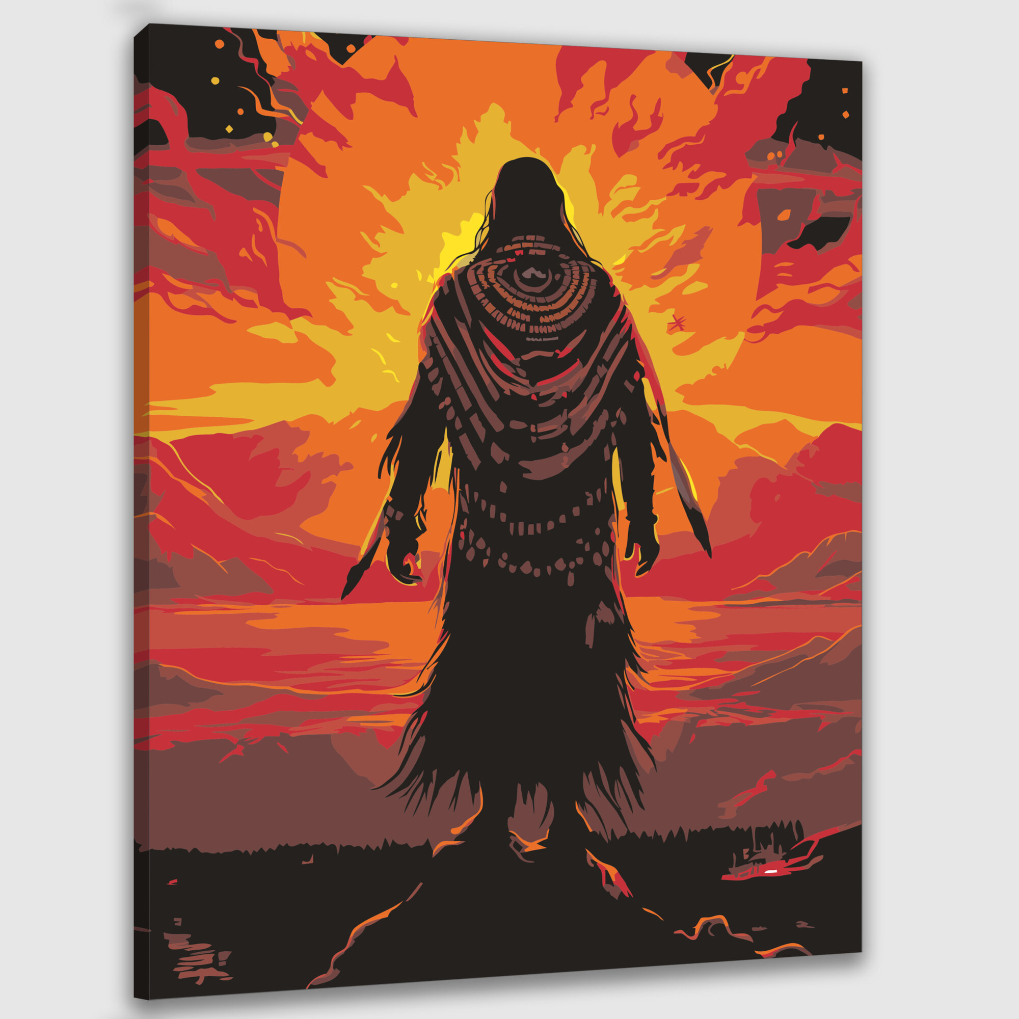 Картина по номерам 40x50 см, шаман, традиционное одеяние, горная вершина, заходящее солнце, огненное сияние, краски