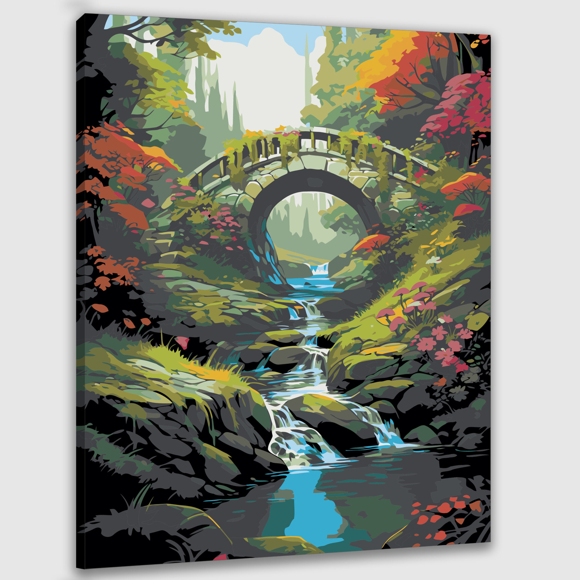 Картина по номерам 40x50 см, каменный мост, дуга, ручей, цветы, лесные обитатели, очарование, спокойствие