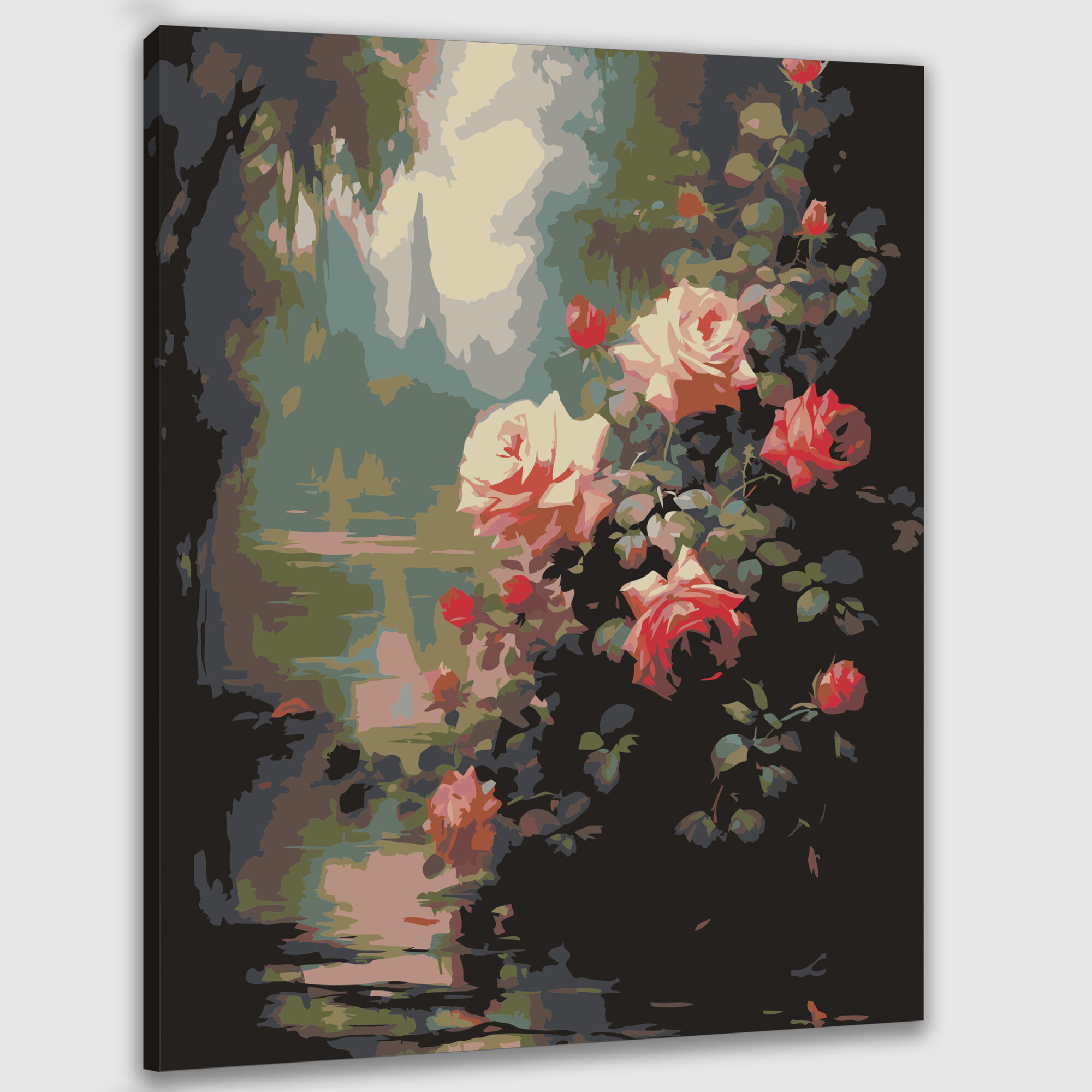 Картина по номерам 40x50 см, картина, масло, сад, розы, цветы, красный, зеленая листва, красота, жизненная сила