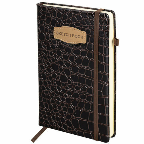 Скетчбук, слоновая кость 140 г/м2, 130х210 мм, 80 л, кожзам, резинка, BRAUBERG ART CLASSIC, CROCO, коричневый, 116471