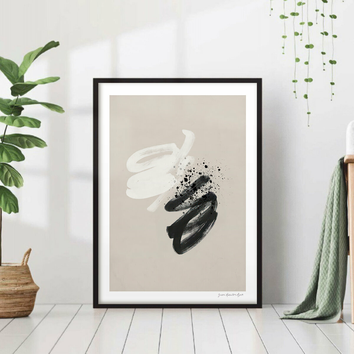 Постер "Абстракция в серых тонах" 50x70 в черной рамке на стену для интерьера