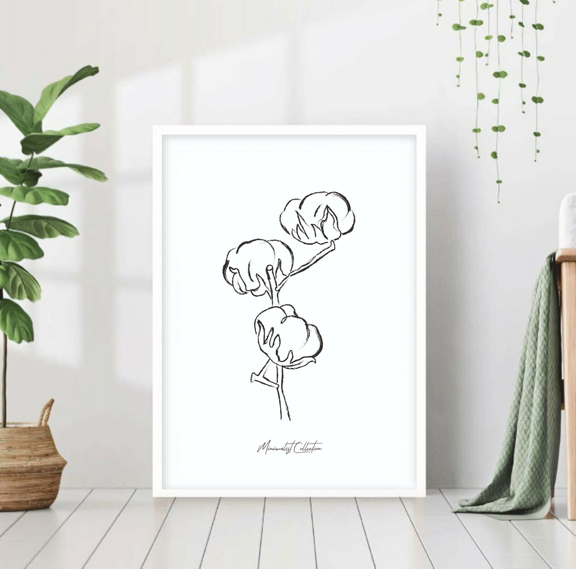 Постер "Ветка хлопчатника рисунок" 40x50 в белой рамке на стену для интерьера