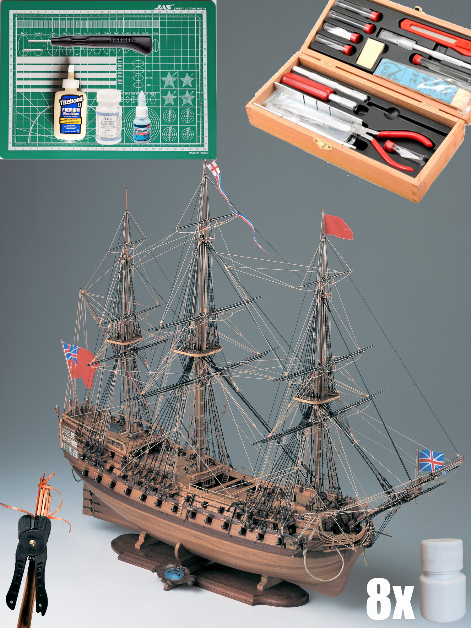 Сборная модель корабля от Corel, Bellona, 770х615х350 мм, М.1:100, подарочный набор, инструменты, краски, лак, клея