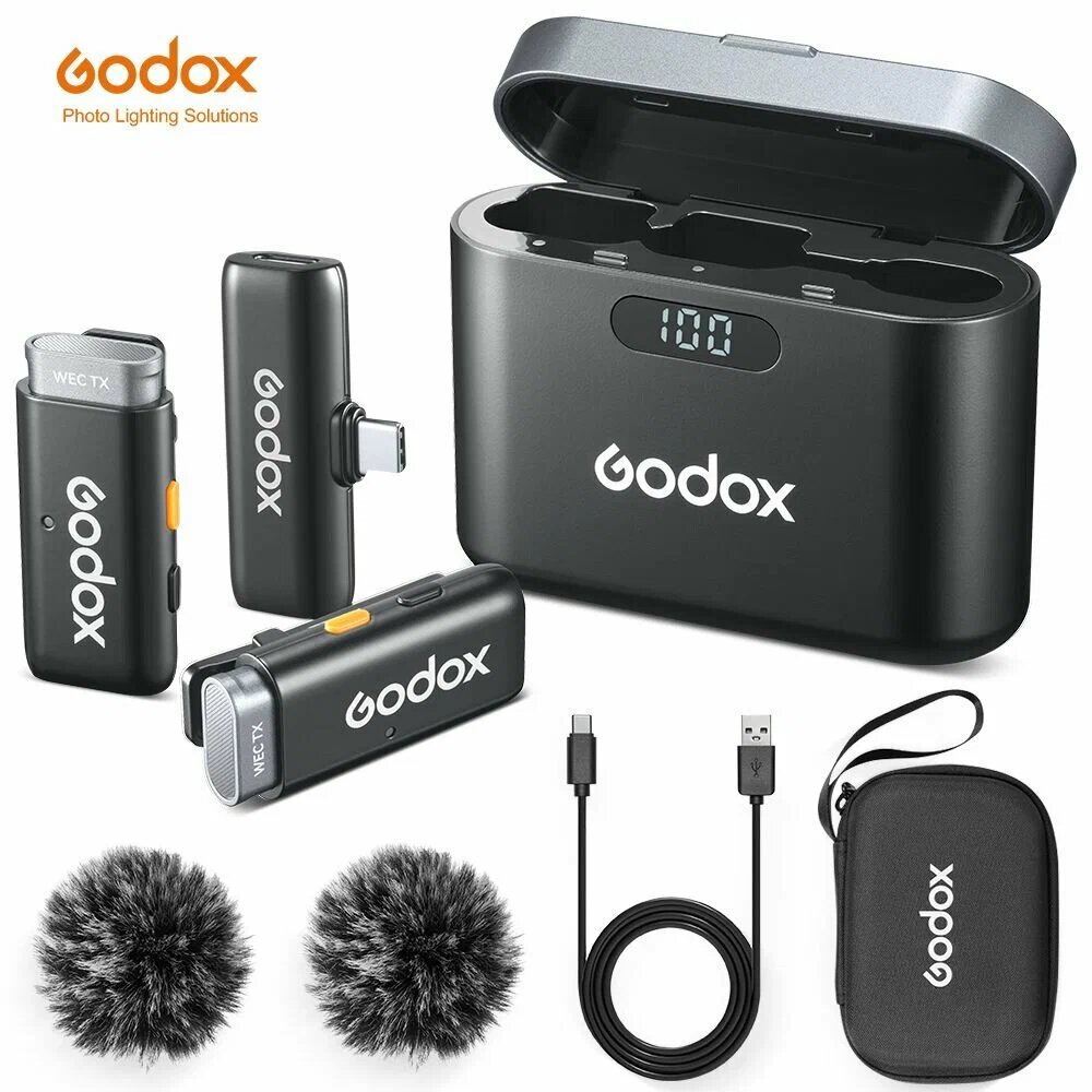 Godox WES2 Kit2 Type-C Интерфейс (2TX + 1RX + Charging Case ) беспроводным микрофоном интервью в прямом эфире