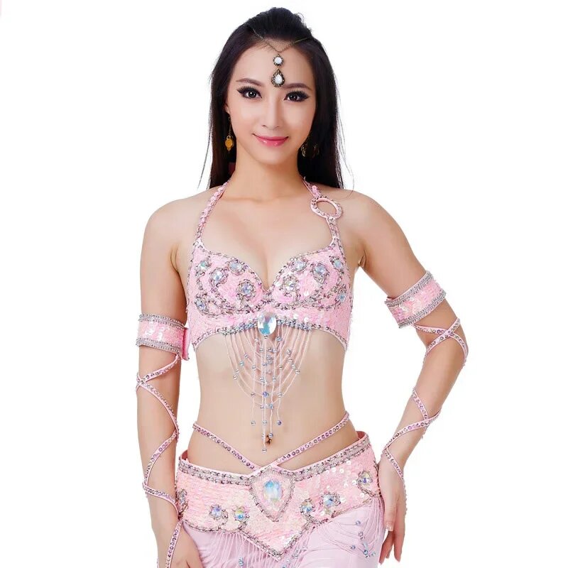 Розовый танцевальный костюм для belly dance, L, с бисером