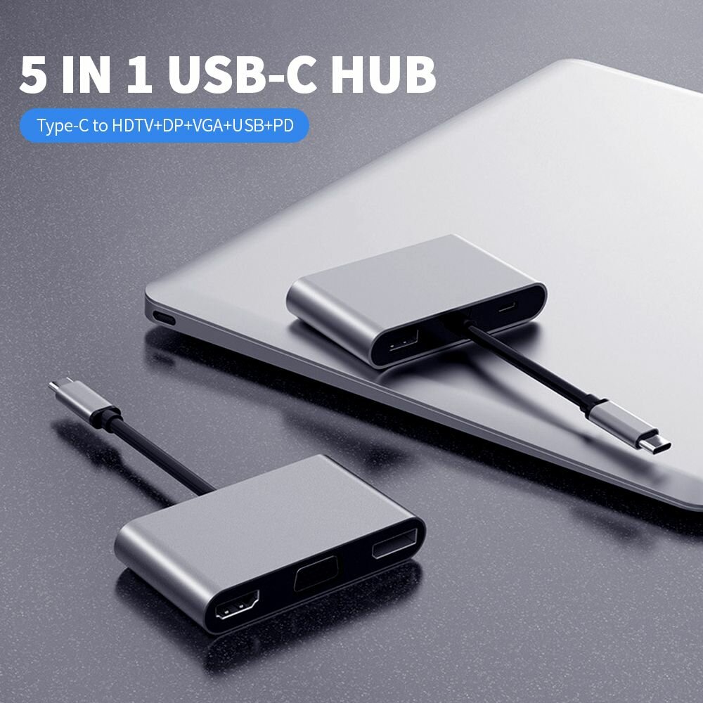 Концентратор 5-в-1 USB-C: поддержка HDTV, VGA, DP, USB, PD, многоэкранный вывод