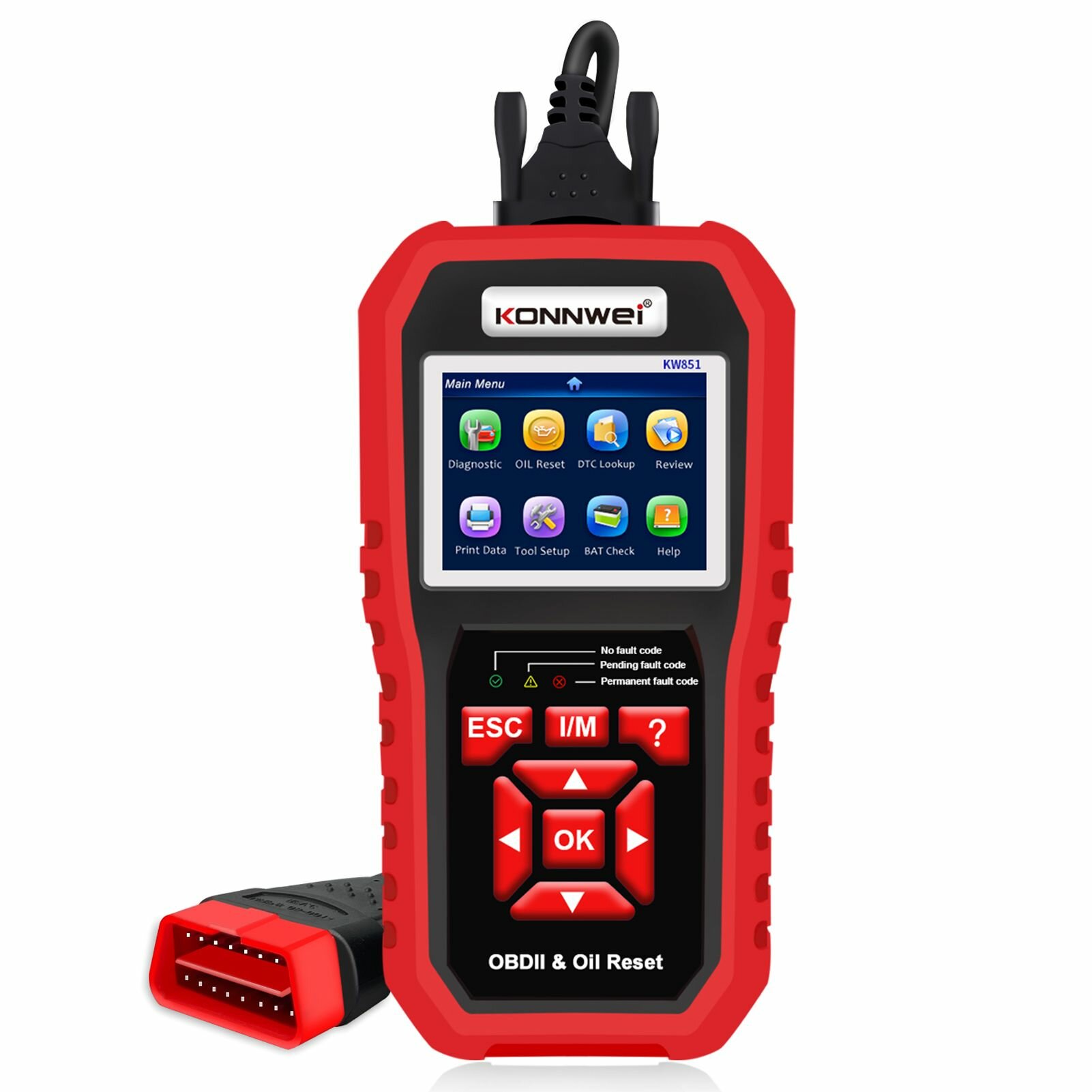 Диагностический сканер KONNWEI KW851 OBDII для автомобилей после 1996 года, универсальная совместимость, 2.8 дюйма, черный/красный