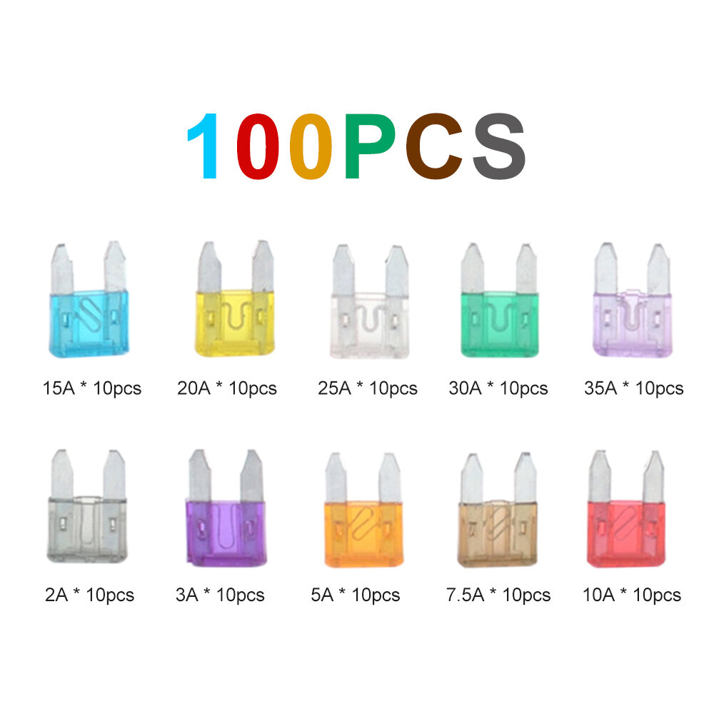 100 шт. Мини-комплект предохранителей для автомобиля с цветовой кодировкой для предохранителей на десять ампер с зажимом типа крокодил , электрическим тестером, пинцетом, съемником предохранителей