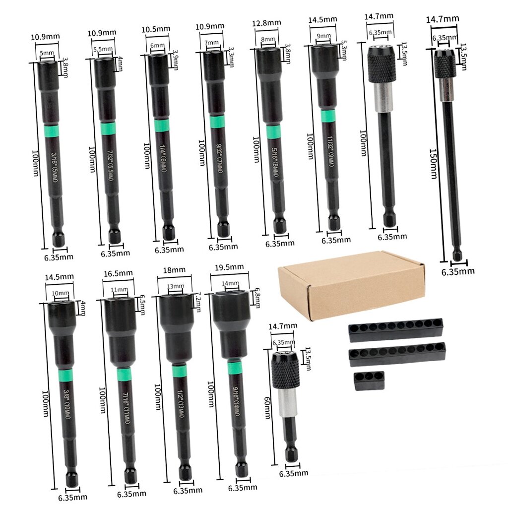 Наборы инструментов, Шестигранная битка для электродрели, магнитная пневматическая с внутренним шестигранником - набор из 13 предметов в коробке, 1 набор